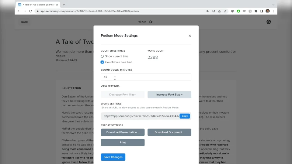 Podium Mode Timer for Sermonary