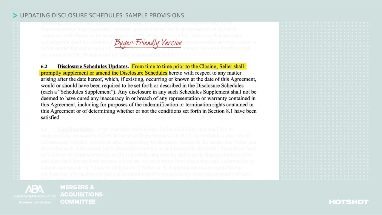 Updating Disclosure Schedules: Sample Provisions - M&A Provisions