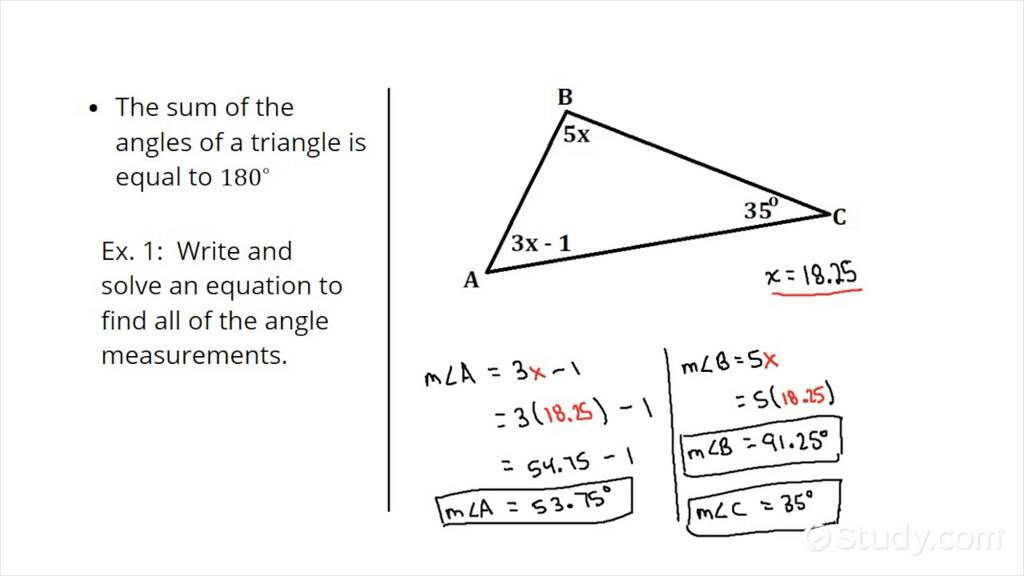 Writing an Equation to Find Angle Measures of a Triangle Given Angles ...