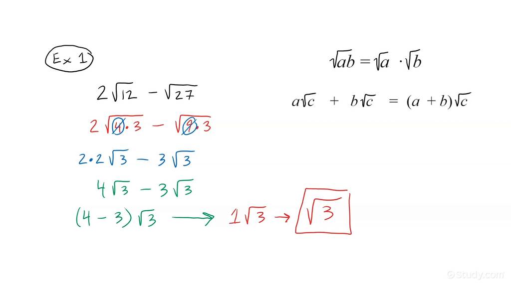 Addition and Subtraction of Square Roots | Algebra | Study.com