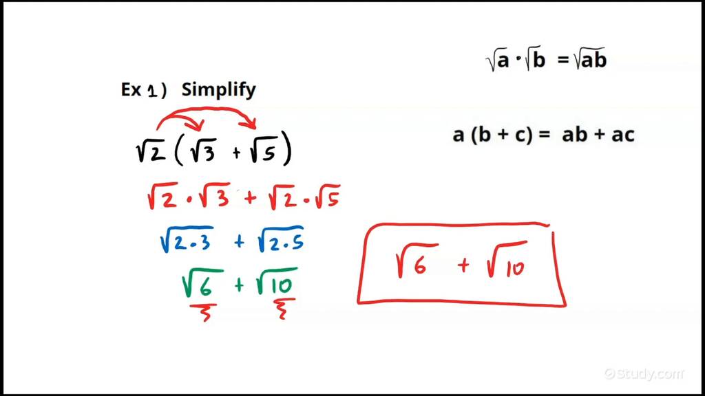 Simplifying a Basic Product Involving Square Roots Using the Distributive Property | Algebra ...