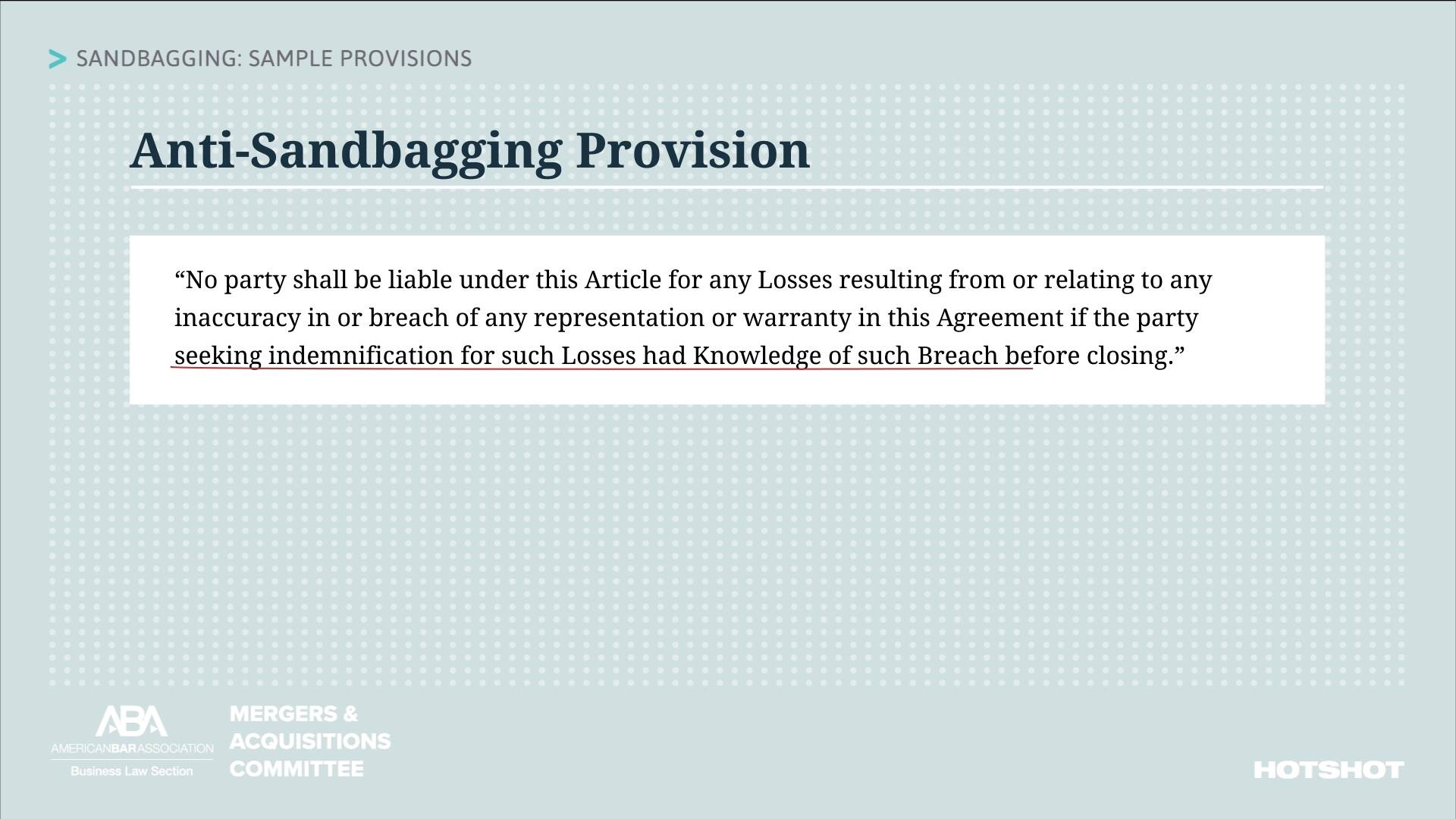 Sandbagging: Sample Provisions - M&A Provisions