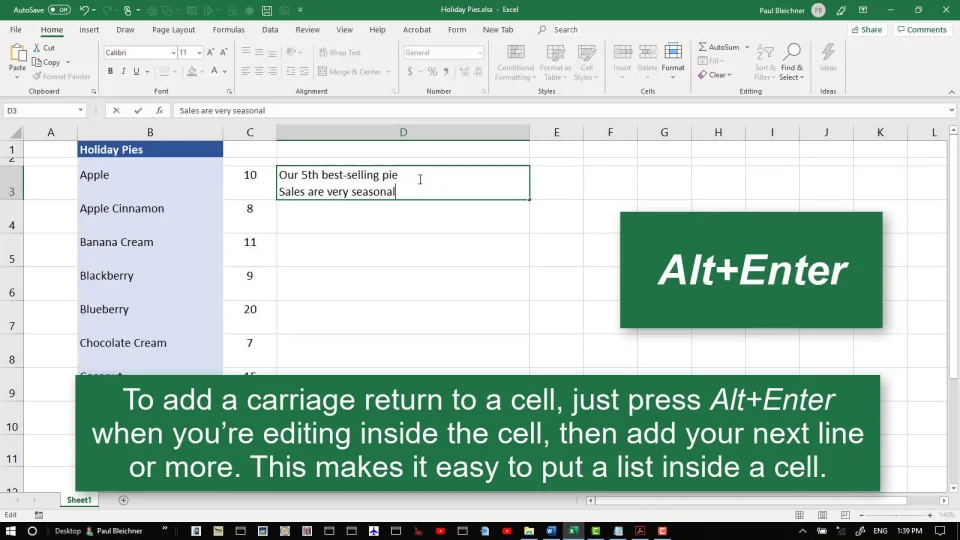 Carriage returns inside Excel cells