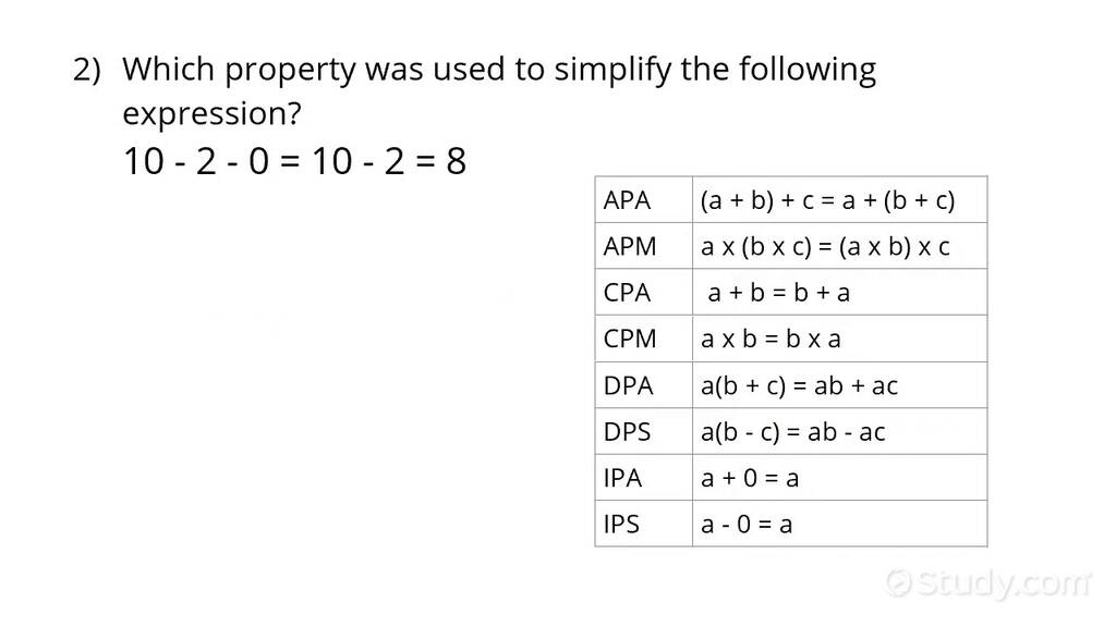 Identifying Properties Used to Simplify an Algebraic Expression ...