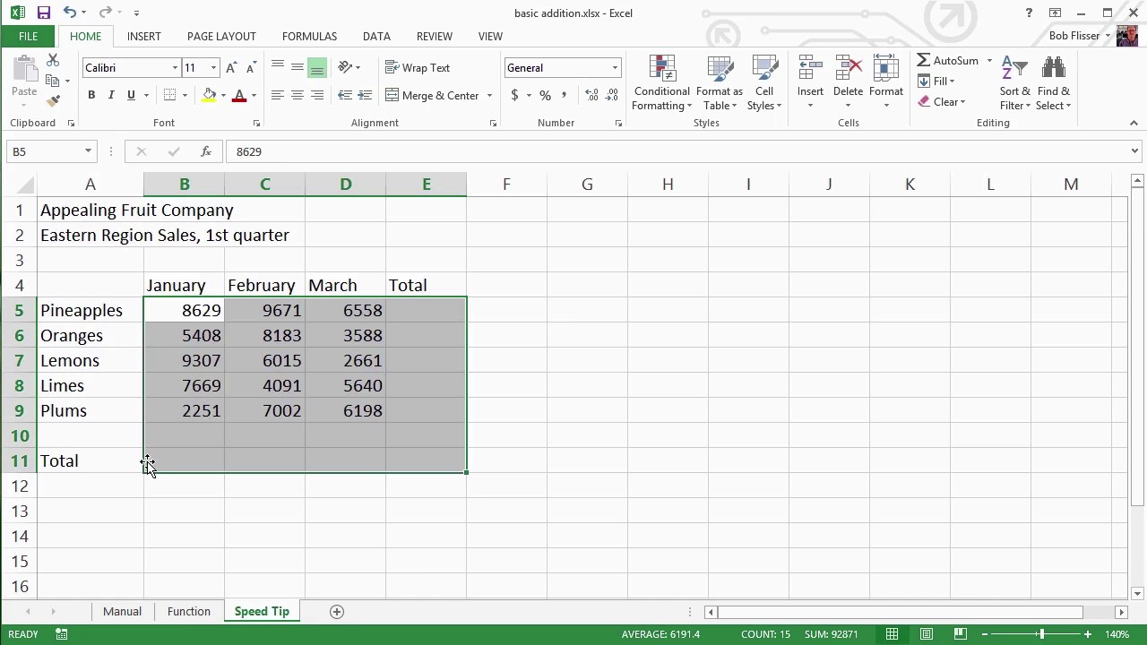 Introduction to Spreadsheets - Using AutoSum to Add a Worksheet in Two ...