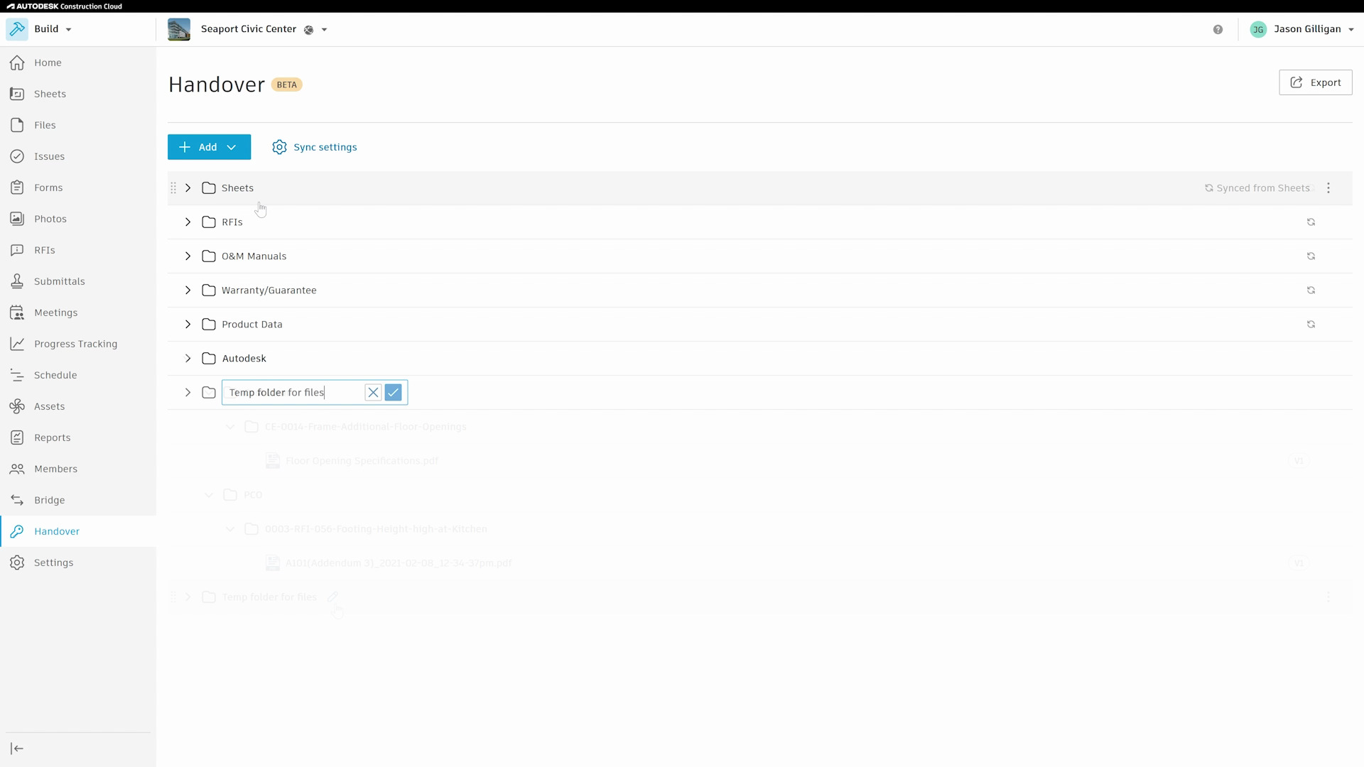 Construction project handover