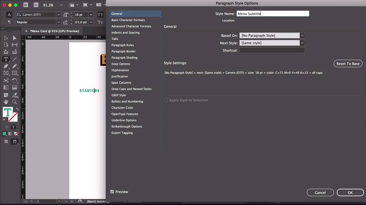 Restaurant Menu Design in Adobe InDesign - Color Swatches and Styles