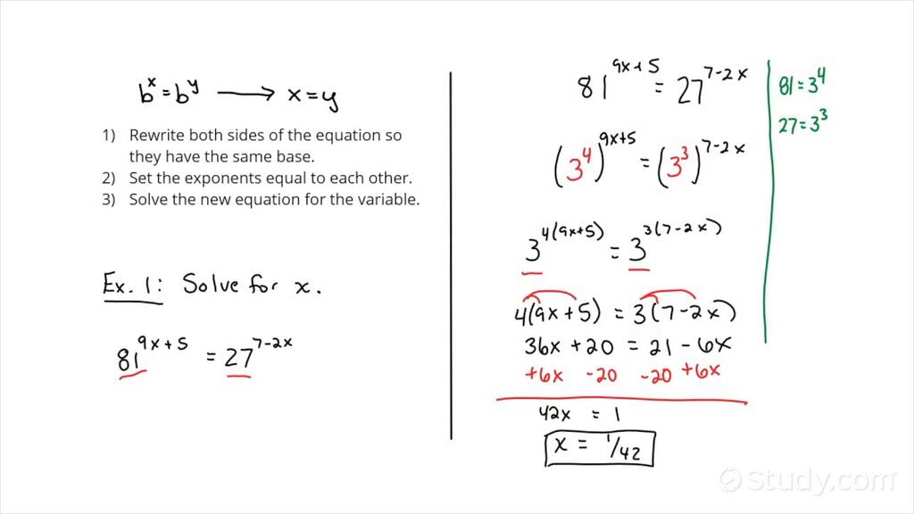 Solving an Exponential Equation by Finding Common Bases for Linear ...