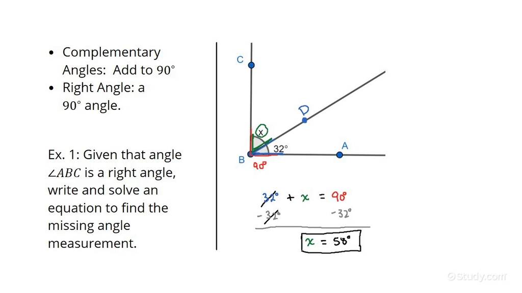 Writing & Solving an Equation Involving Complementary Angles | Algebra ...