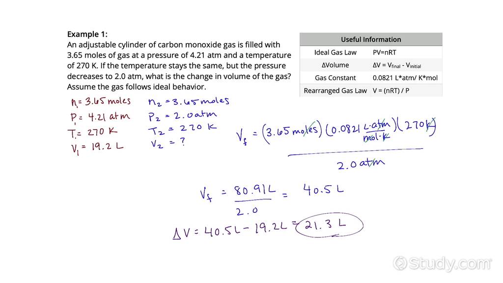 Calculating Volume Change using the Ideal Gas Law | Chemistry | Study.com